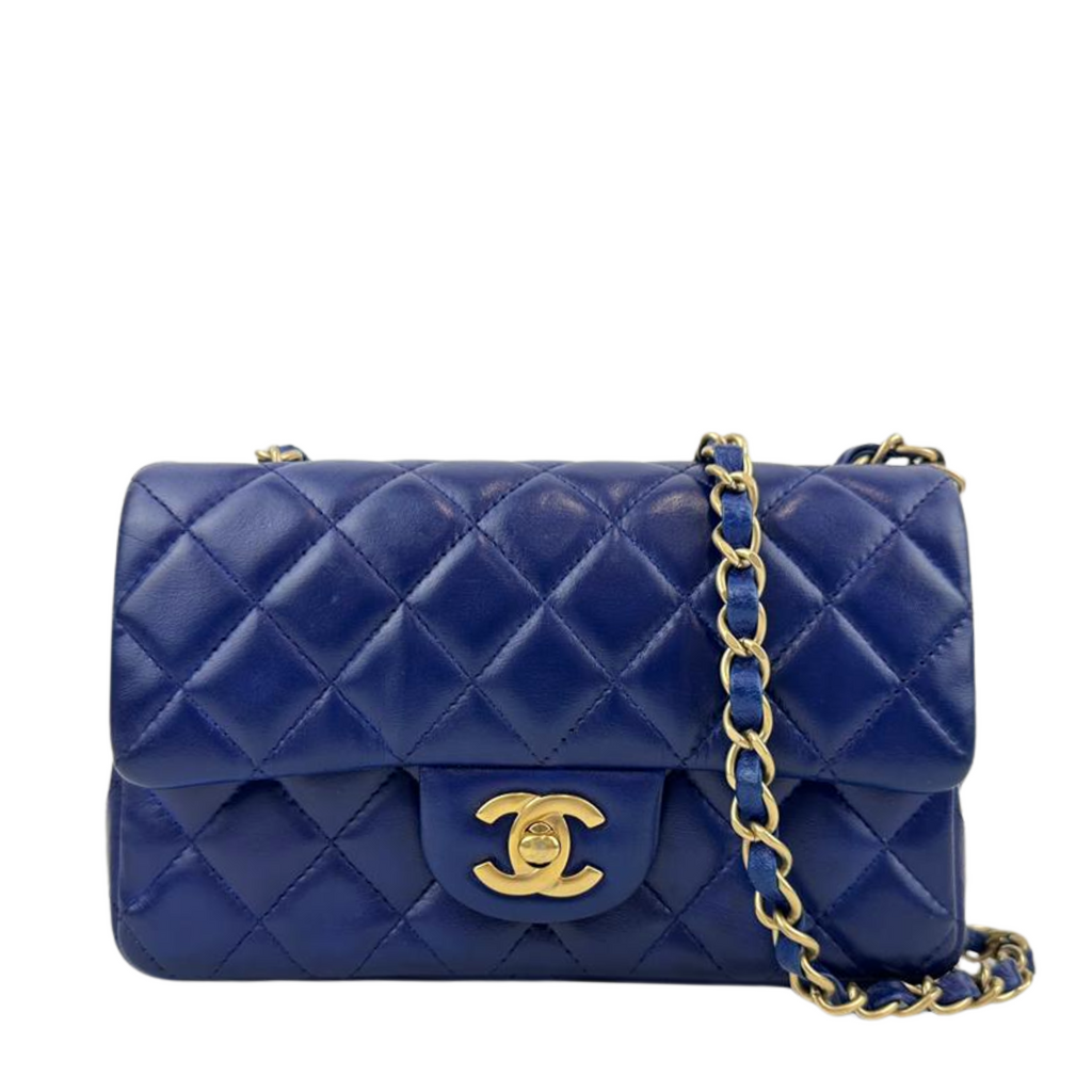 Mini Rectangular Flap in Blue Lambskin GHW – Glampot